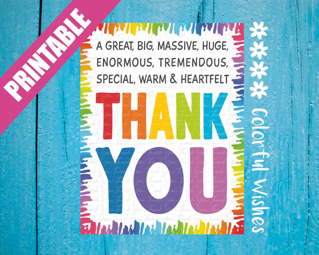 A Great Big Thank You, Funny Thank You Card Printable, Colorful Thank You Greeting Card, Rainbow ...