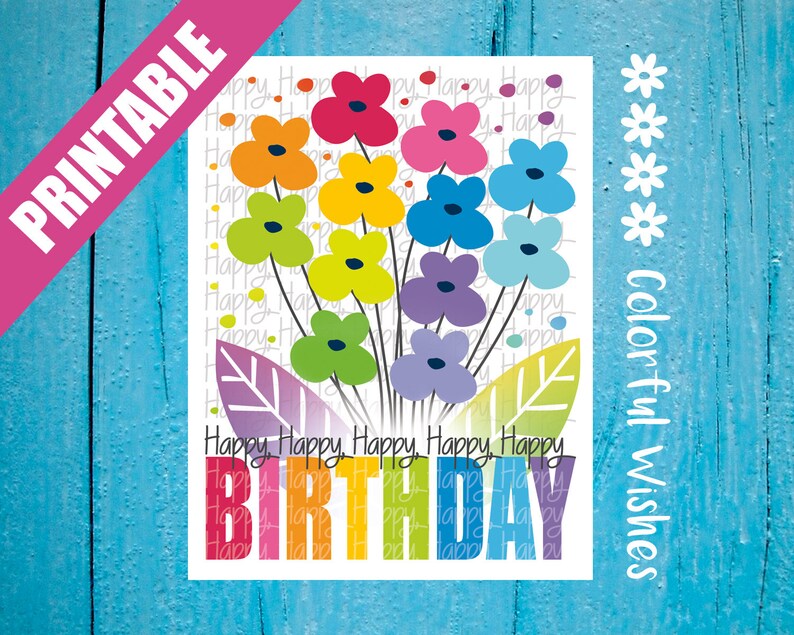 Floral Happy Birthday Card Printable, Colorful Birthday Card With ...