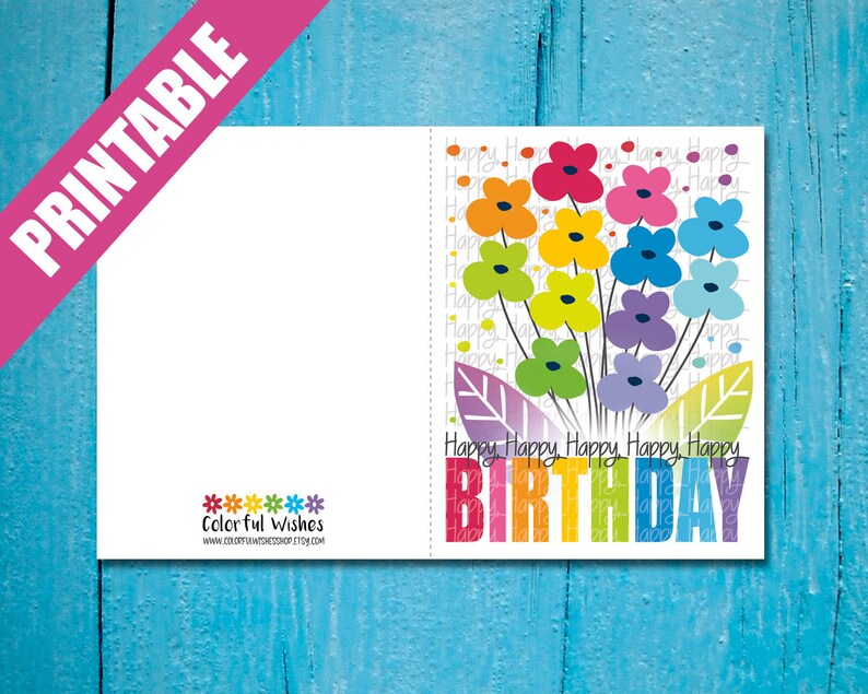 Floral Happy Birthday Card Printable, Colorful Birthday Card With ...