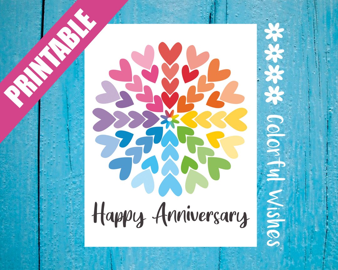 Sweet Happy Anniversary Card Printable, Colorful Love Card With Hearts ...
