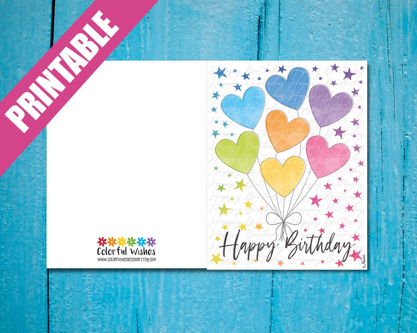 Printable Happy Birthday Card, Colorful Birthday Card With Hearts ...