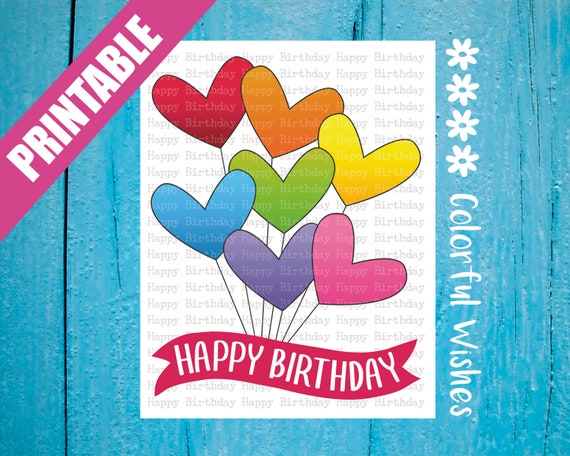 Printable Happy Birthday Card With Colorful Hearts Colorful | Etsy