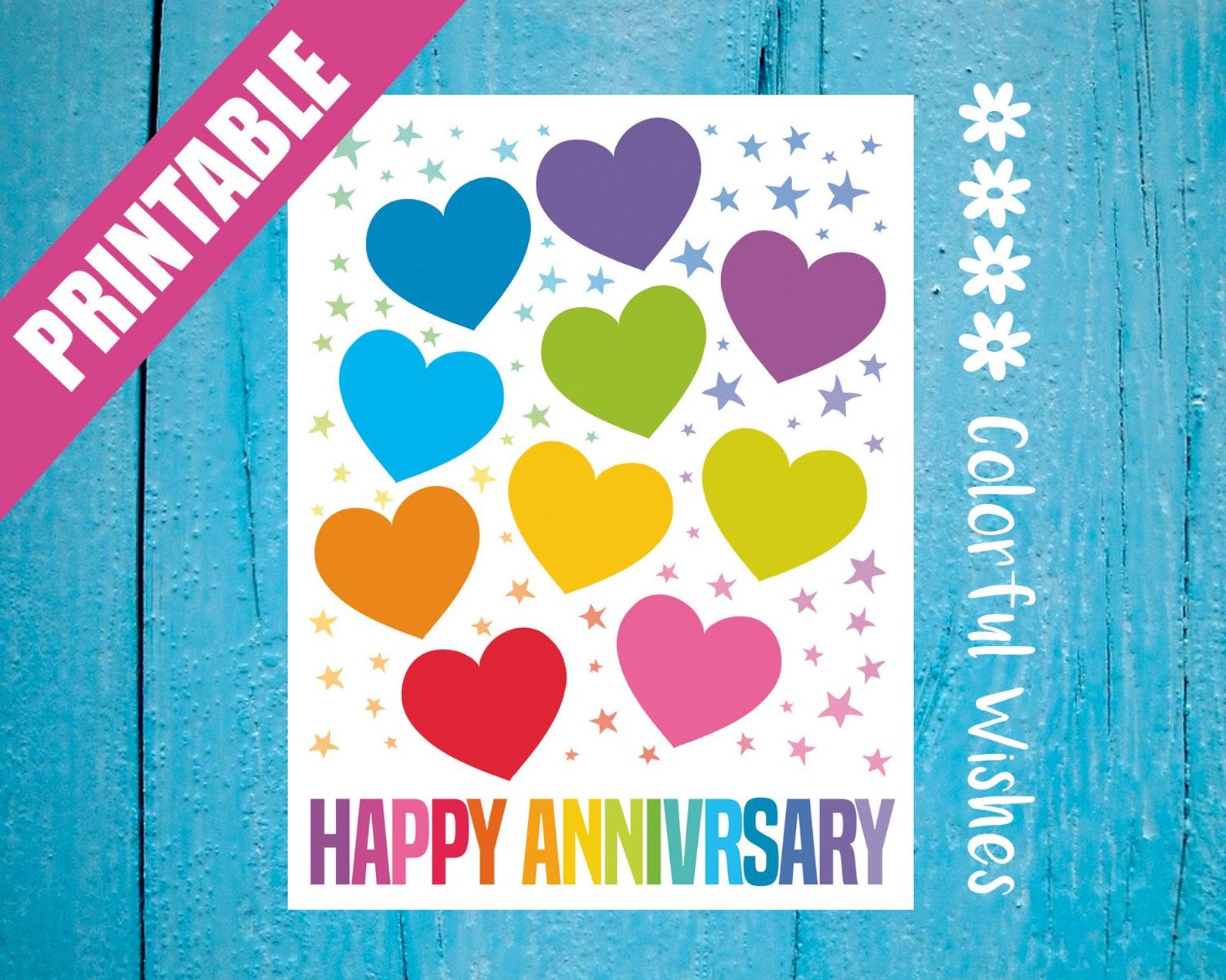 Happy Anniversary Card With Hearts & Stars, Colorful Printable ...