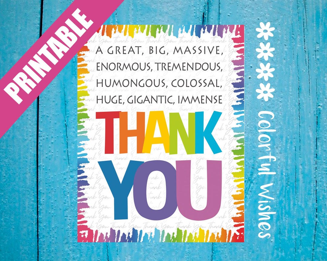 A Great Big Thank You, Funny Thank You Card Printable, Colorful Thank ...