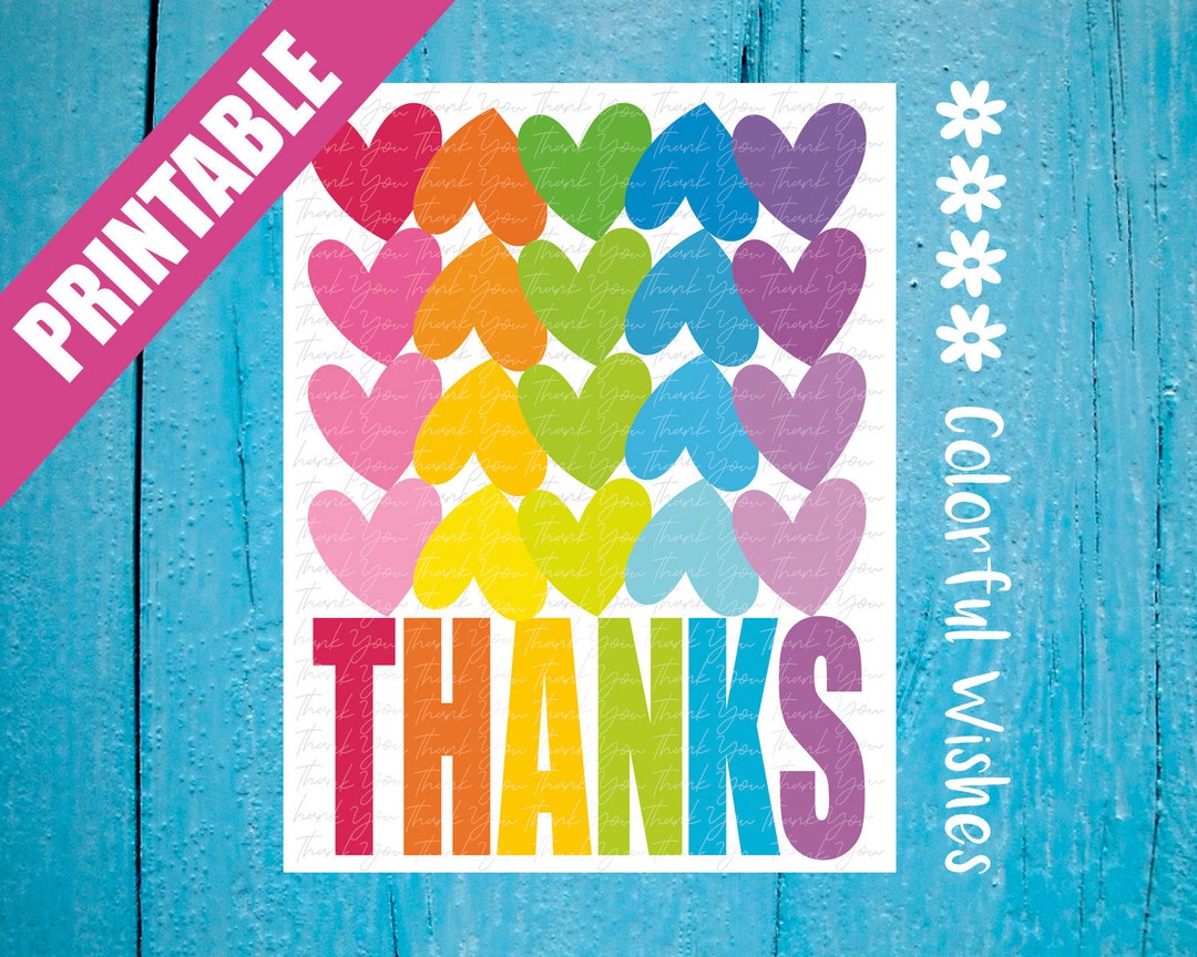 Printable Thank You Card With Hearts Colorful Thanks Card to - Etsy