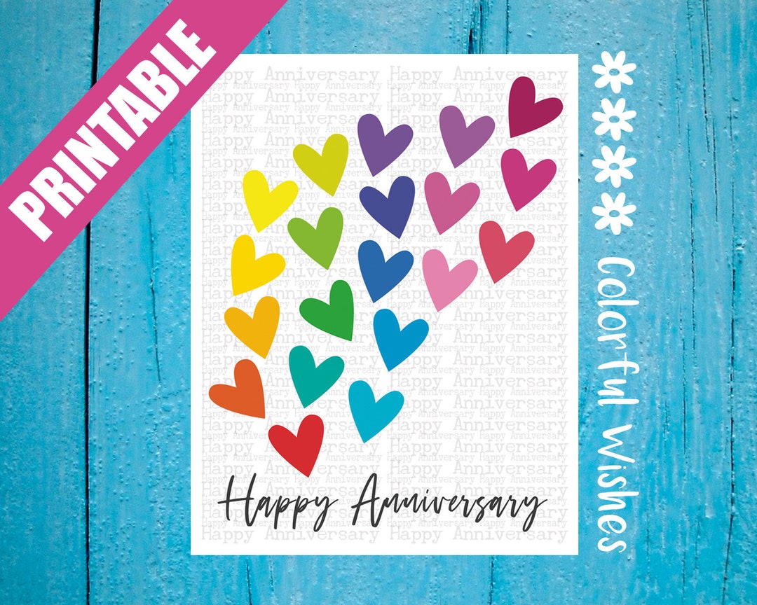 Printable Happy Anniversary Card With Spread Hearts, Colorful ...