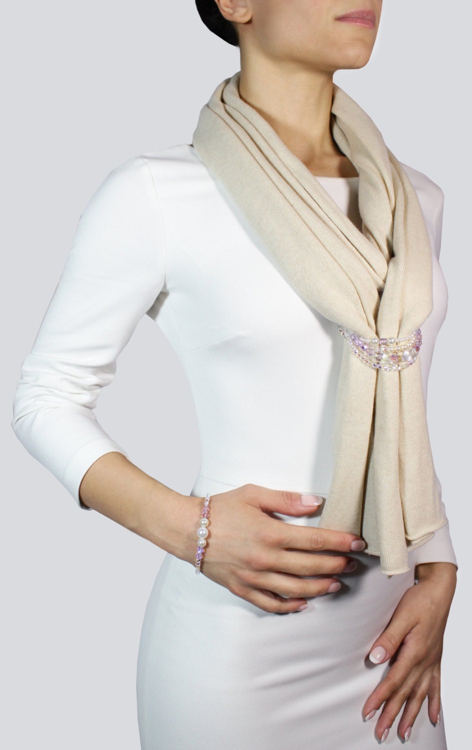 Sciarpa gioiello, sciarpa bianca cashmere, sciarpa elegante, stola cashmire, stola inverno ...