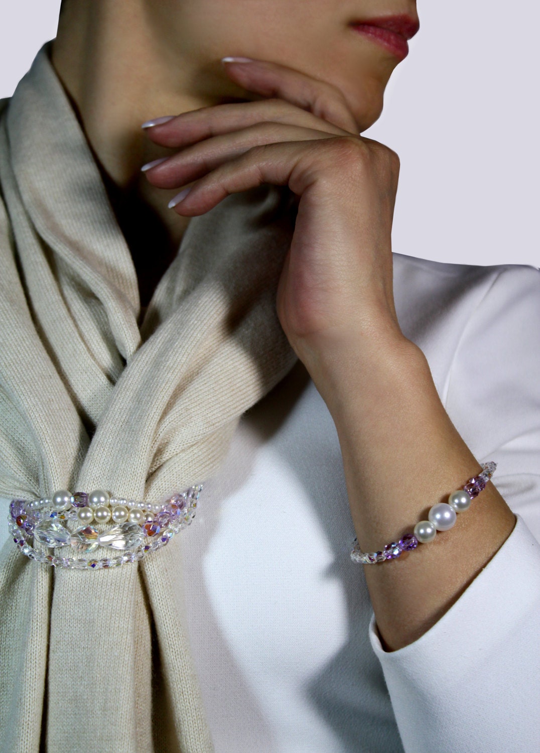 Sciarpa gioiello, sciarpa bianca cashmere, sciarpa elegante, stola cashmire, stola inverno ...