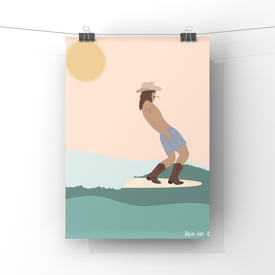 Surfing Cowboy Art Print: Western Beach Poster (digital Download) - Etsy