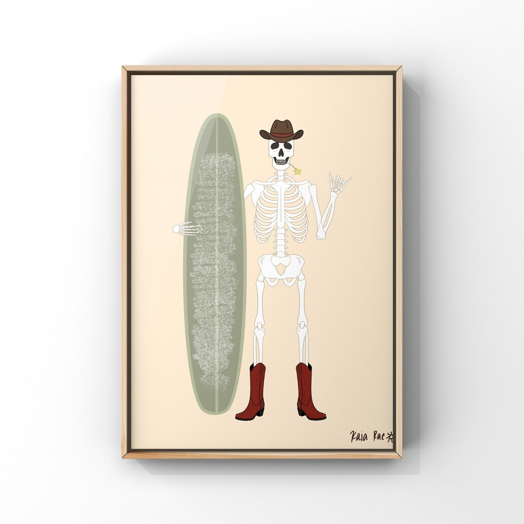 Skeleton Surfing Cowboy Art Print: Western Beach Decor - Etsy