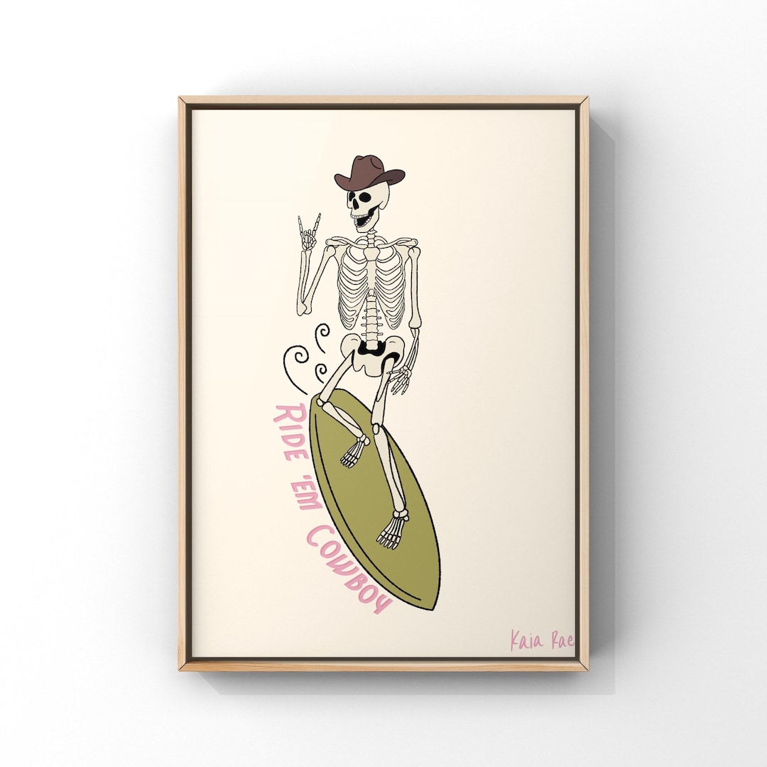 Surfing Skeleton Cowboy Art Print: Coastal Western Wall Art - Etsy