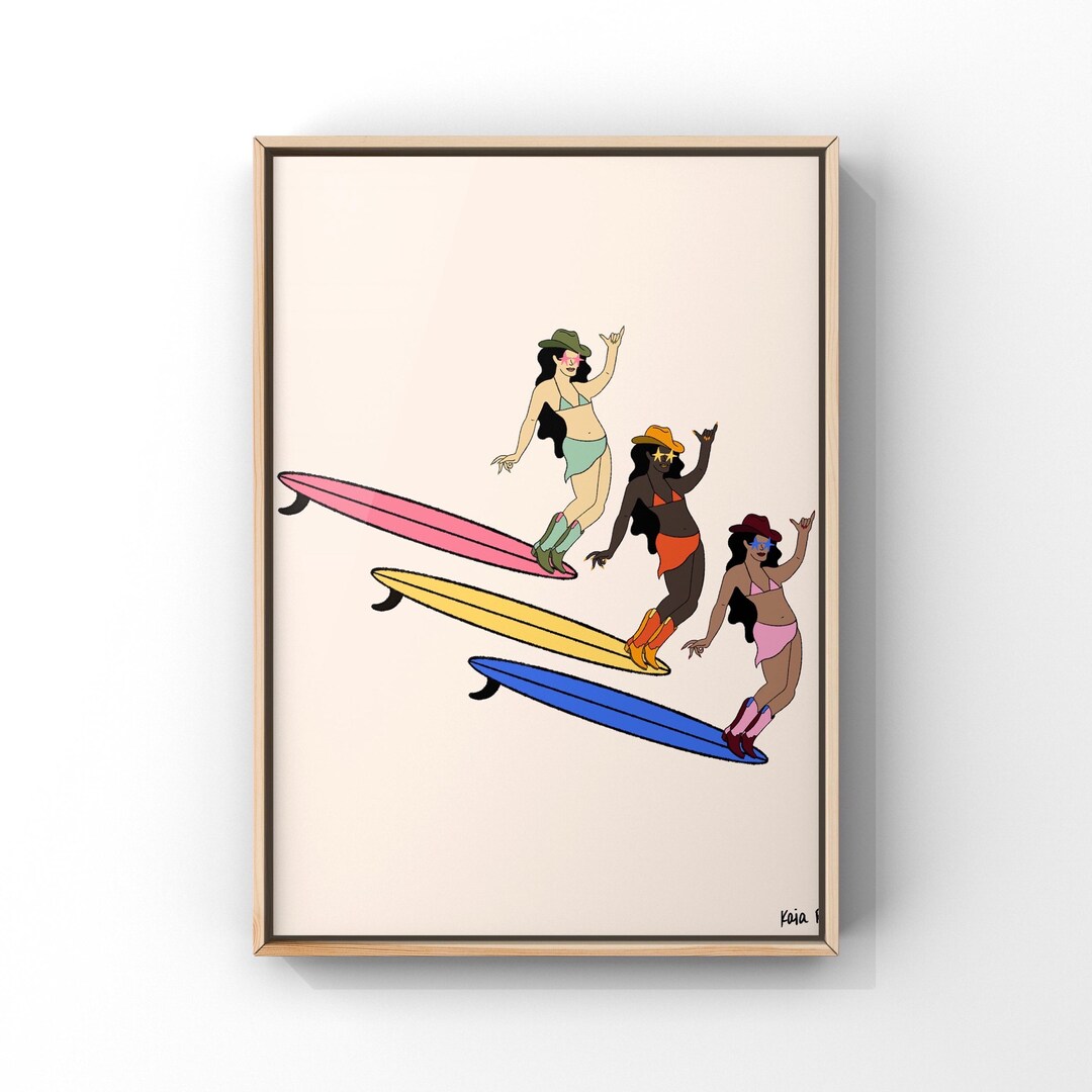 Groovy Surfer Gal Pals Art Print | Surfer Girls | Surfing Cowgirl ...