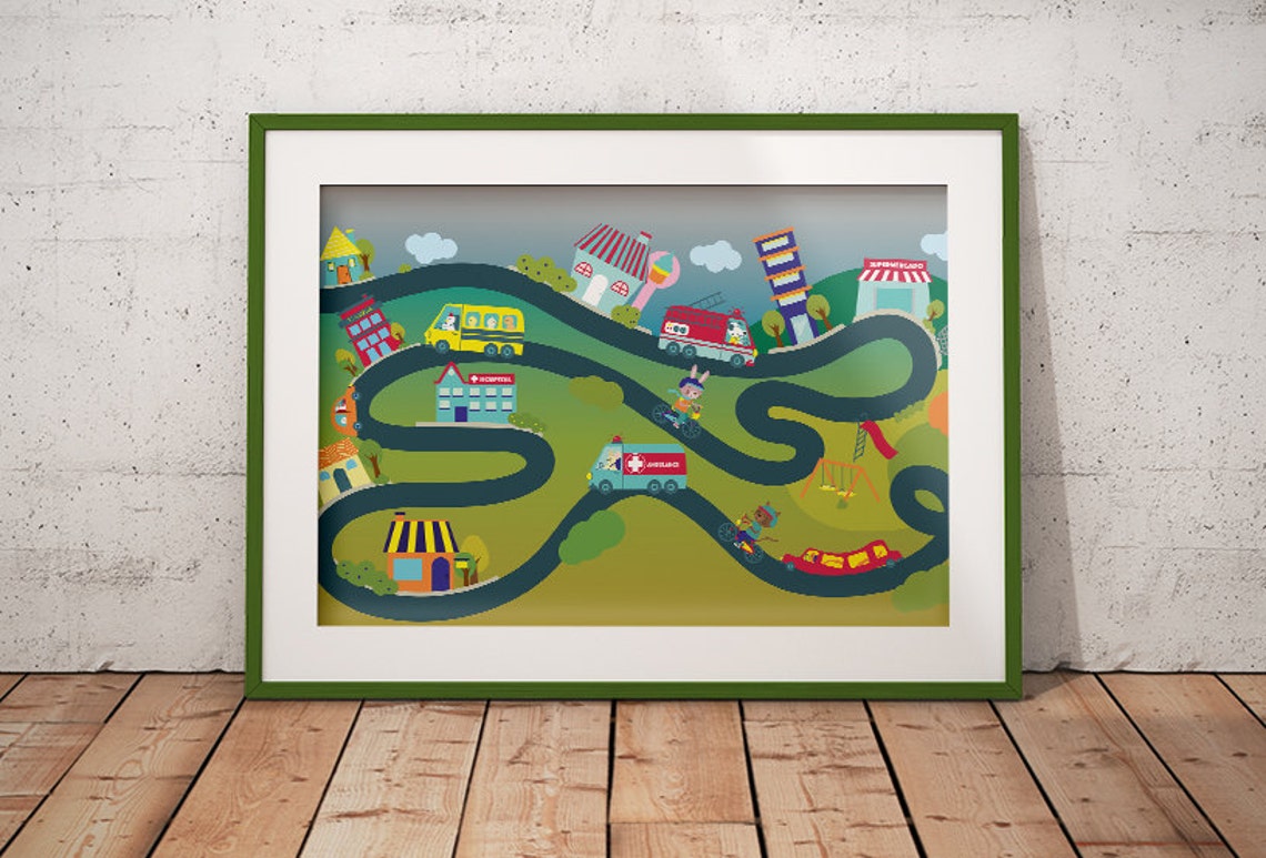 PRINTABLE, City Map, Street Map, Children's Illustration, Boy's Room ...