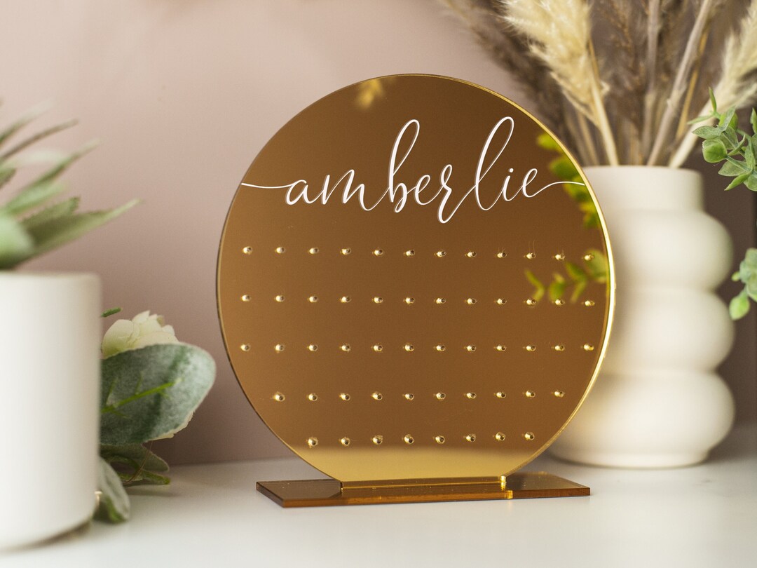 Personalized Earring Holder for Girl, Gold Mirror Jewelry Organizer ...