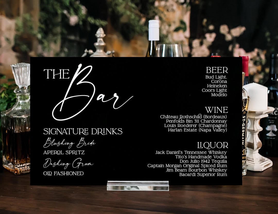 Bar Menu Signature Cocktails Custom Clear Glass Look Acrylic Wedding ...