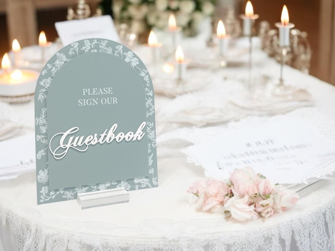 3D ARCH Please Sign Our Guestbook Blue Toile Floral Chinoiserie Bridal ...