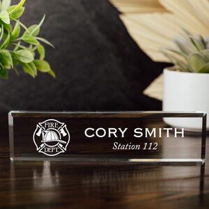Fireman Glass Office Desk Name Plate, Clear Fire Chief Nameplate, Fire ...
