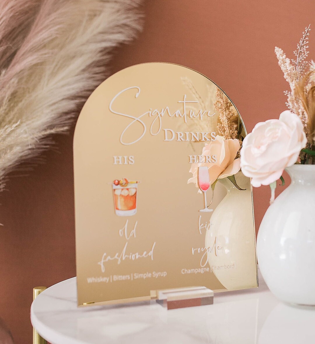 ARCH Gold Mirror Bar Menu Signature Cocktails Custom Acrylic Wedding ...