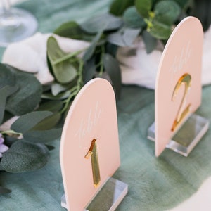 3D ARCH Acrylic Blush Dusty Blue and Gold Table Number Sign With Stands ...