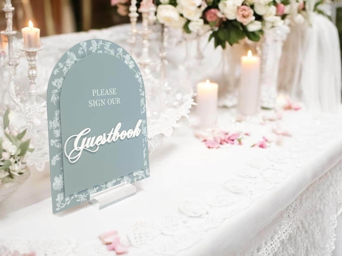 3D ARCH Please Sign Our Guestbook Blue Toile Floral Chinoiserie Bridal ...