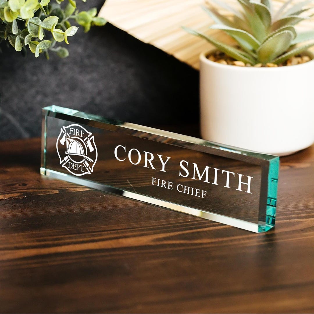 Fireman Glass Office Desk Name Plate, Clear Fire Chief Nameplate, Fire ...