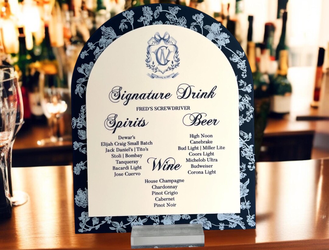 CREST Arch Signature Drinks Bar Menu Custom Monogram Acrylic Wedding ...