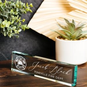 Fireman Glass Office Desk Name Plate, Clear Fire Chief Nameplate, Fire ...