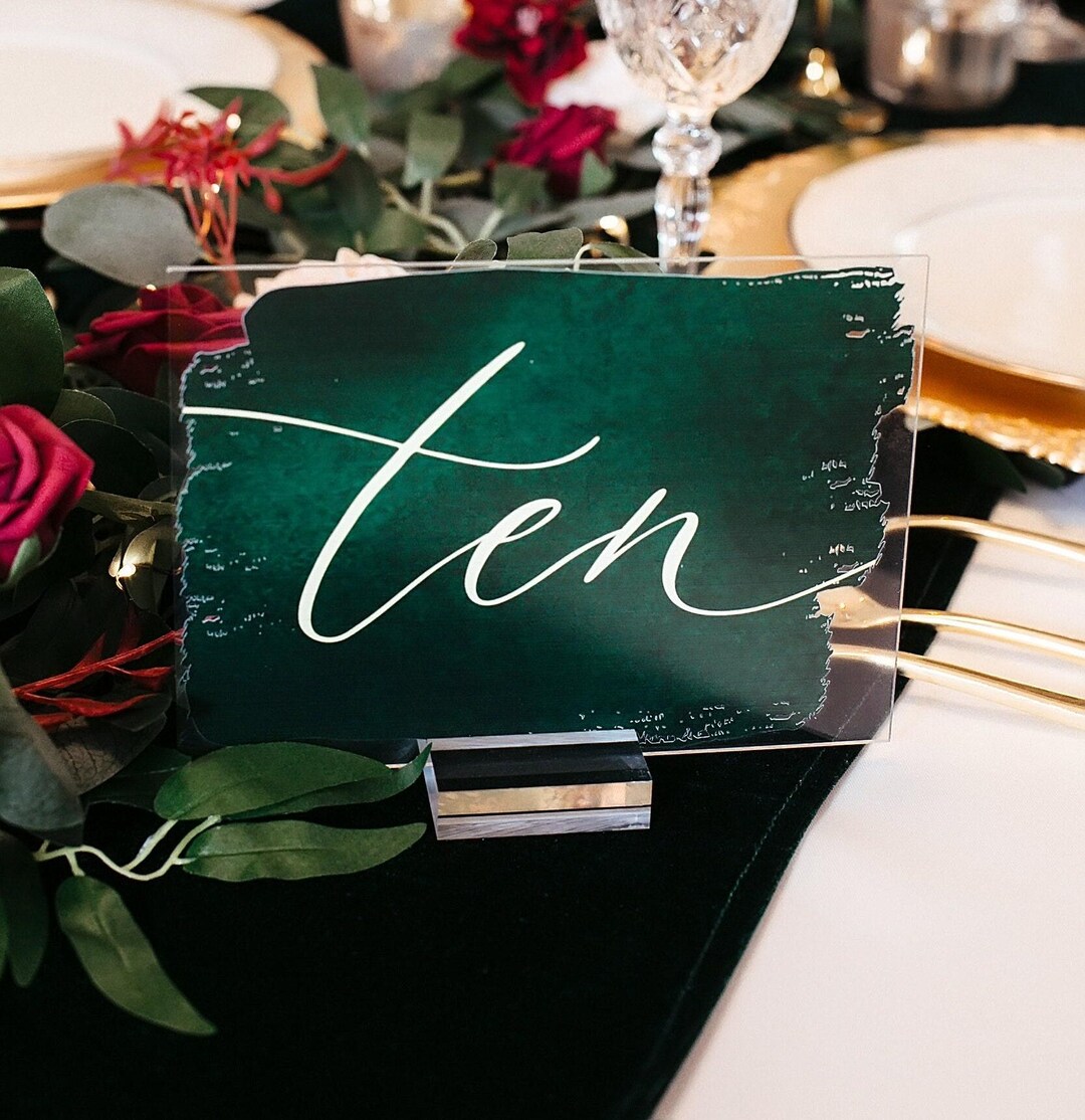 Burgundy or Emerald Green Watercolor Acrylic Table Number Sign With ...
