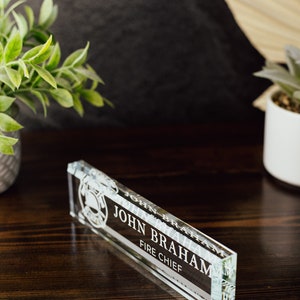 Fireman Glass Office Desk Name Plate, Clear Fire Chief Nameplate, Fire ...