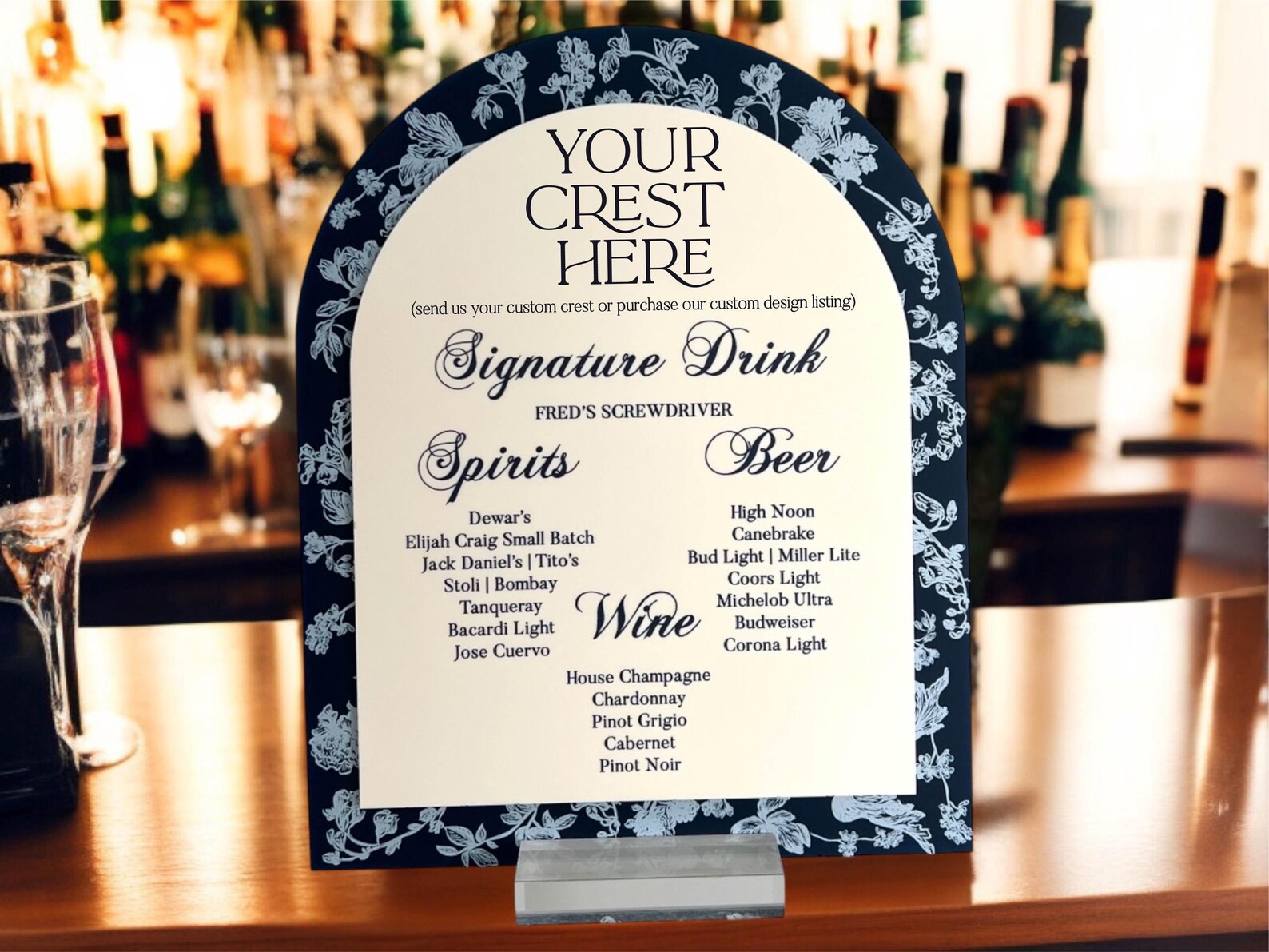 CREST Arch Signature Drinks Bar Menu Custom Monogram Acrylic Wedding ...
