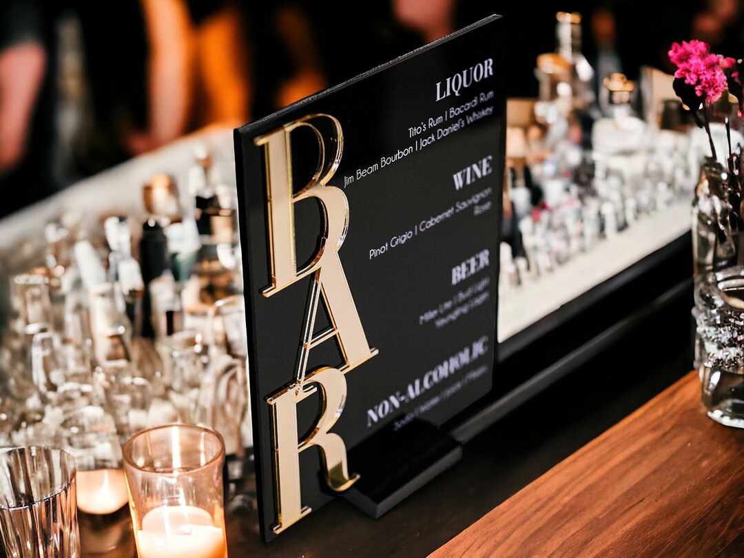 3D Mirror Gold Foil Open Bar Menu Signature Cocktails Custom Minimalist ...
