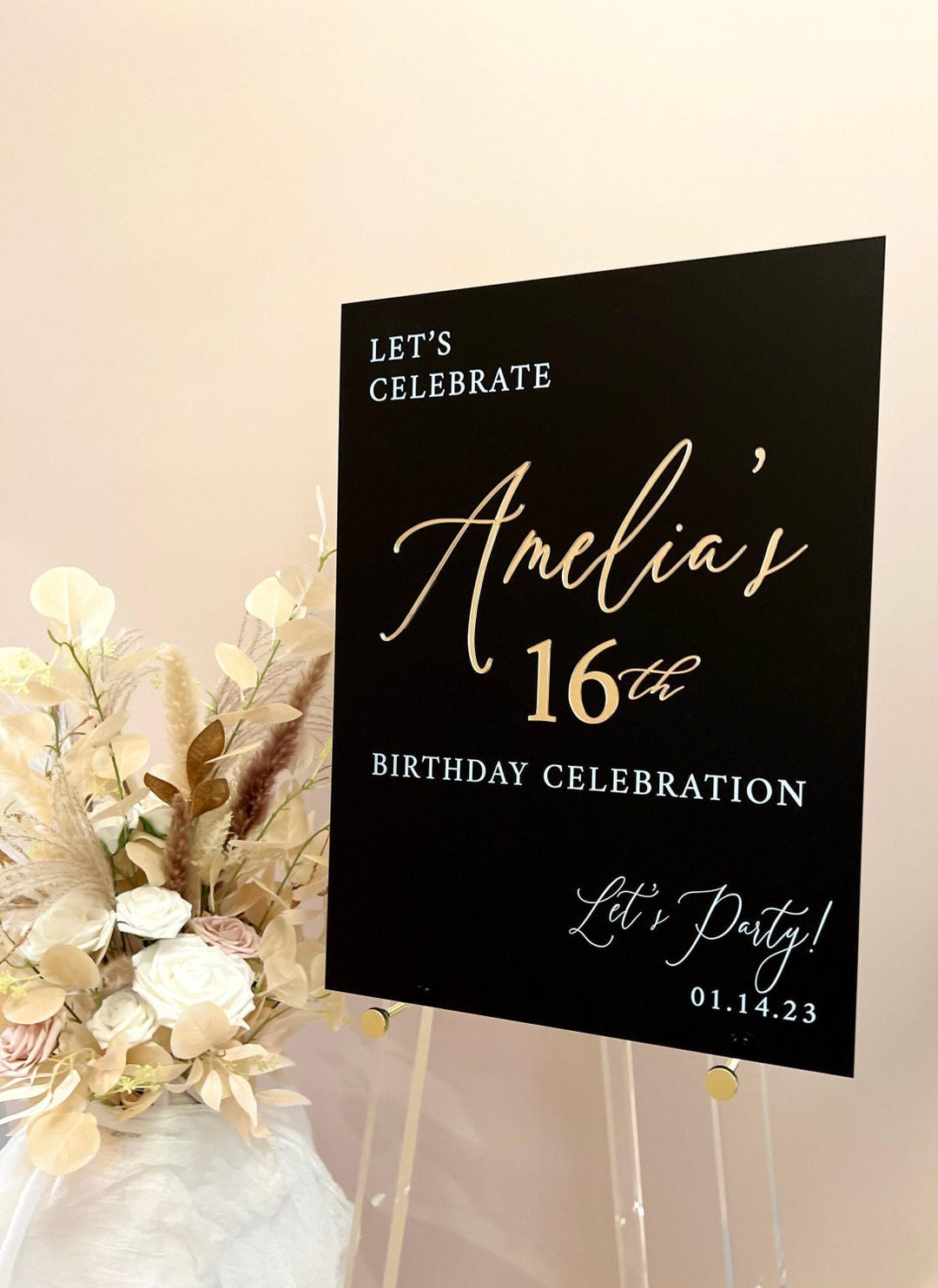 3D Gold Mirror Happy Birthday Acrylic Welcome Sign, Let's Party Sweet ...