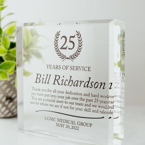 Years of Service Appreciation Award Crystal Glass Plaque, for Employee ...