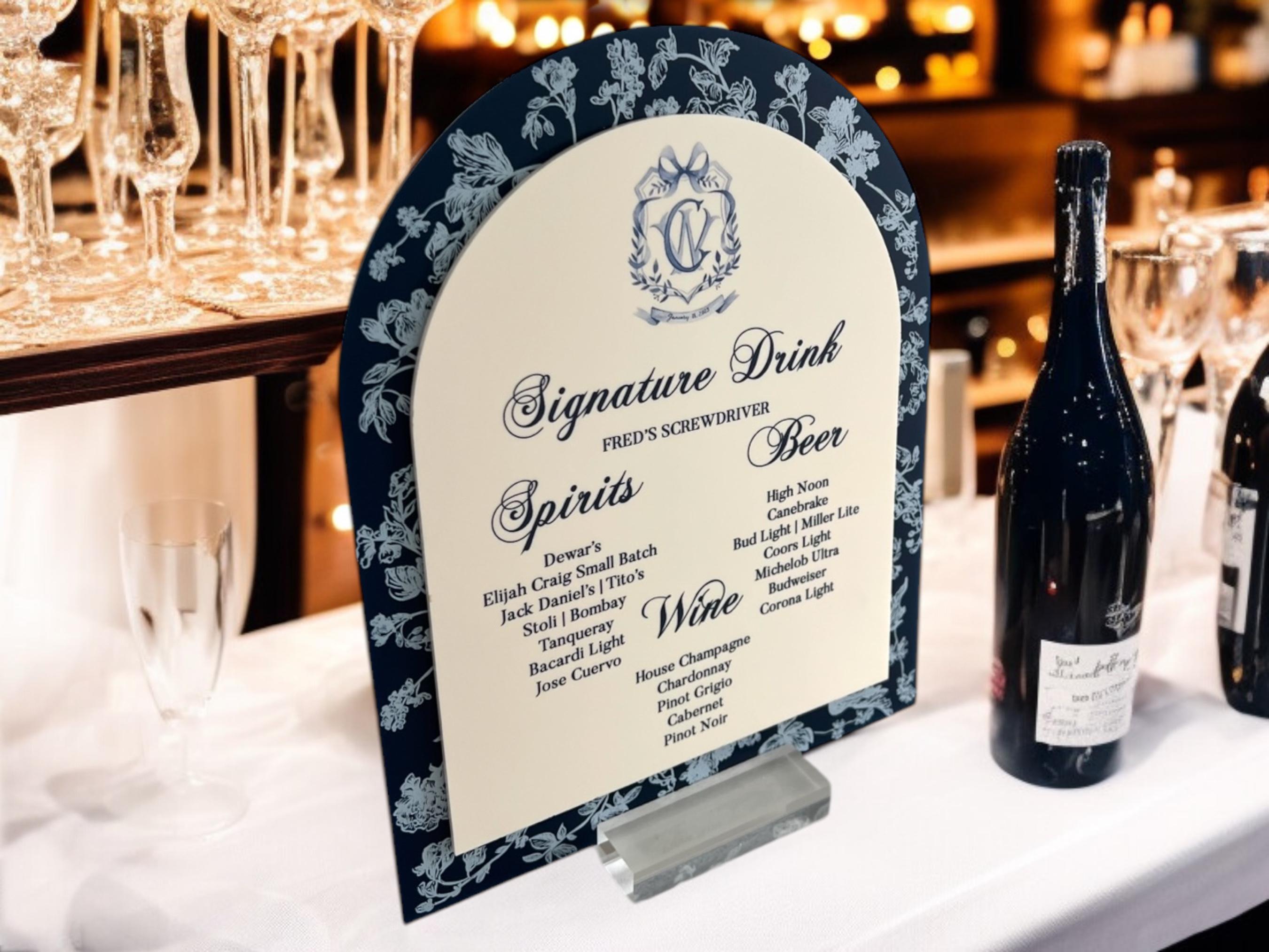 CREST Arch Signature Drinks Bar Menu Custom Monogram Acrylic Wedding ...