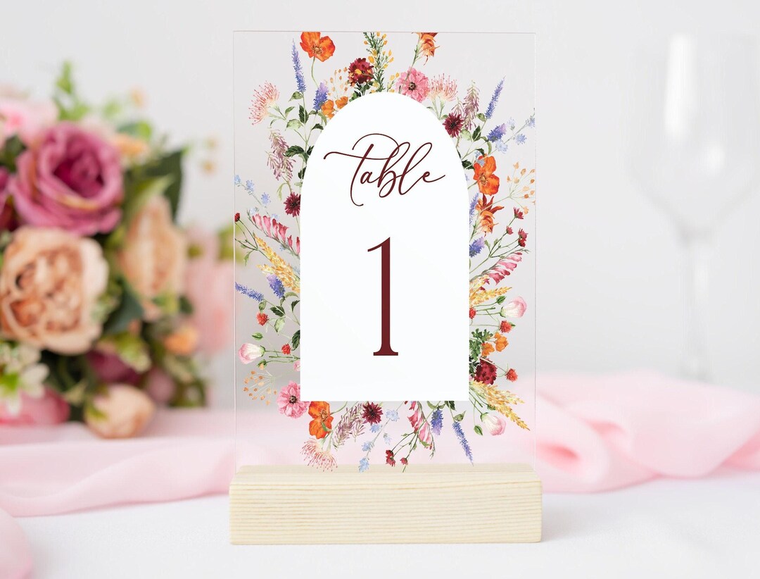 Wildflower Acrylic Table Number Sign With Stands, Garden Wedding ...