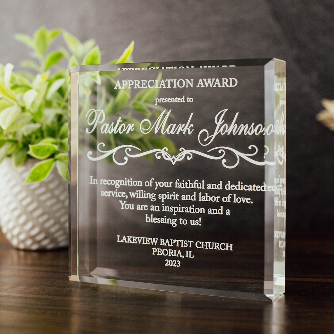Pastor Appreciation Award Crystal Glass Plaque, for Employee ...