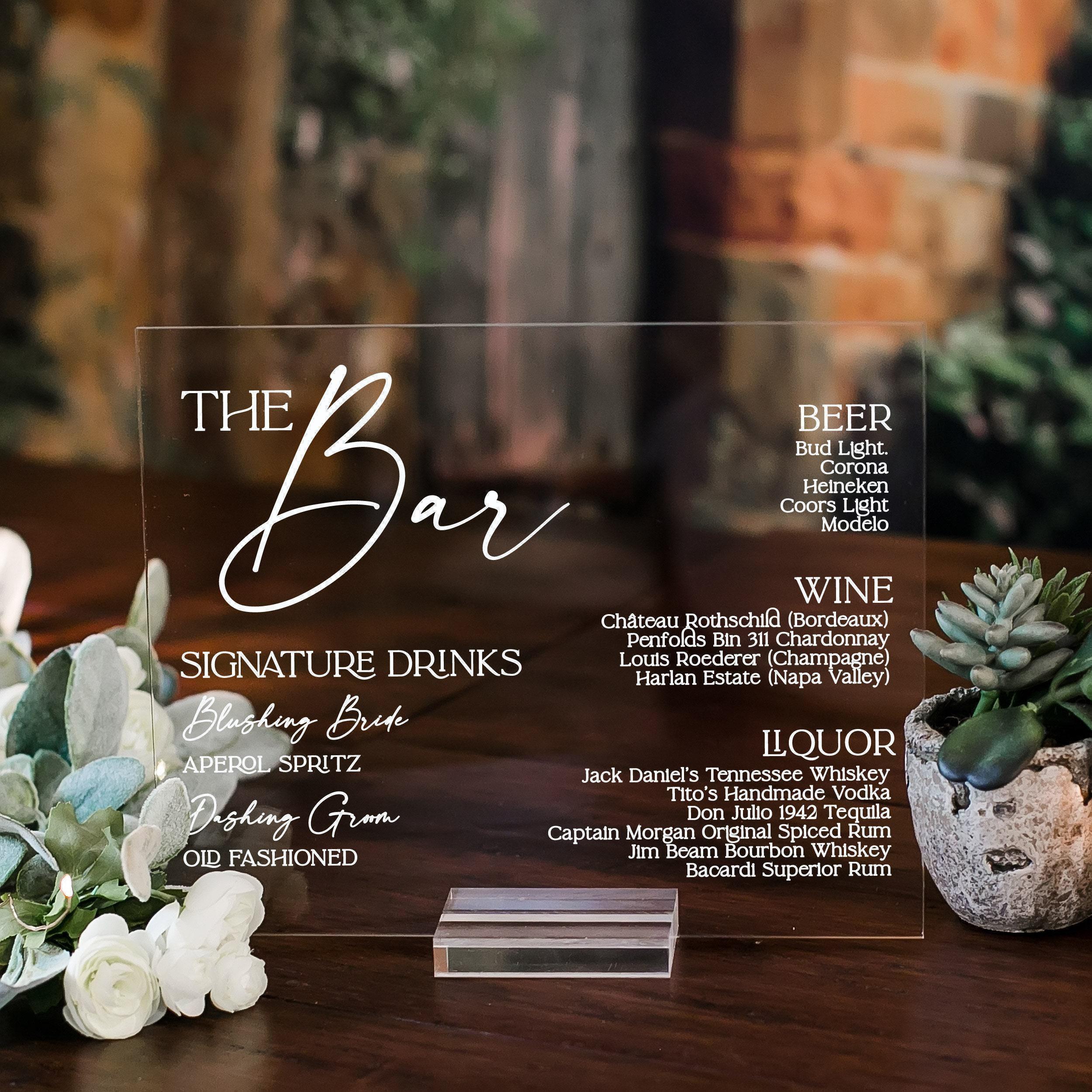 Bar Menu Signature Cocktails Custom Clear Glass Look Acrylic Wedding ...