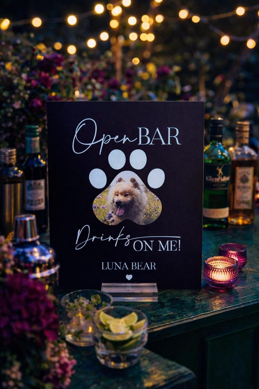 Acrylic Open Bar Dog Photo Drink Wedding Sign for Bar, Drinks Are on Us ...