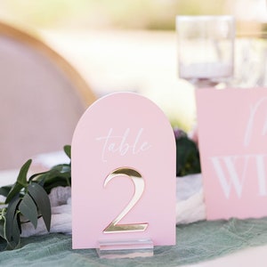 3D ARCH Acrylic Blush Dusty Blue and Gold Table Number Sign With Stands ...