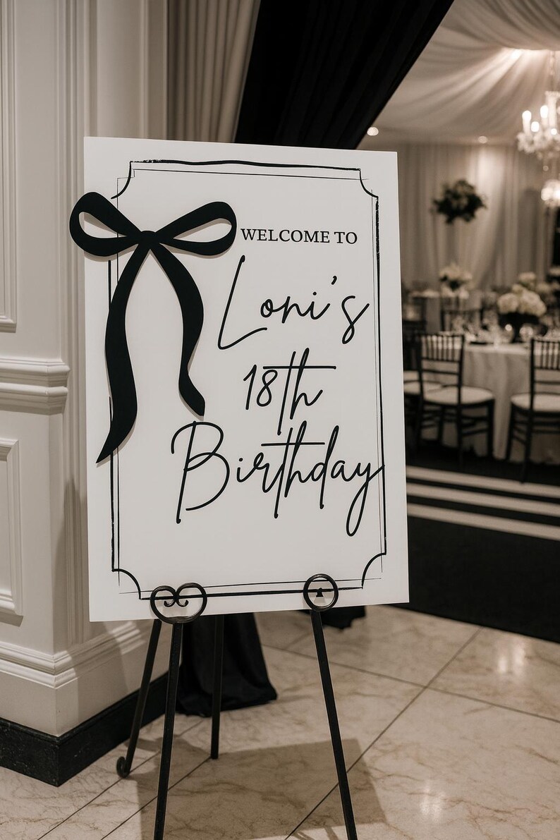3D Bow Chinoiserie Happy Birthday Acrylic Welcome Entrance Sign, Black ...
