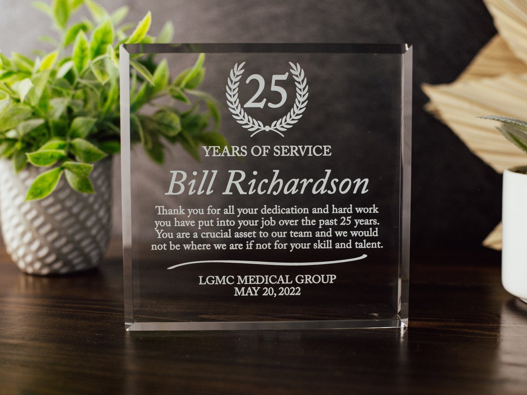 Years of Service Appreciation Award Crystal Glass Plaque, for Employee ...