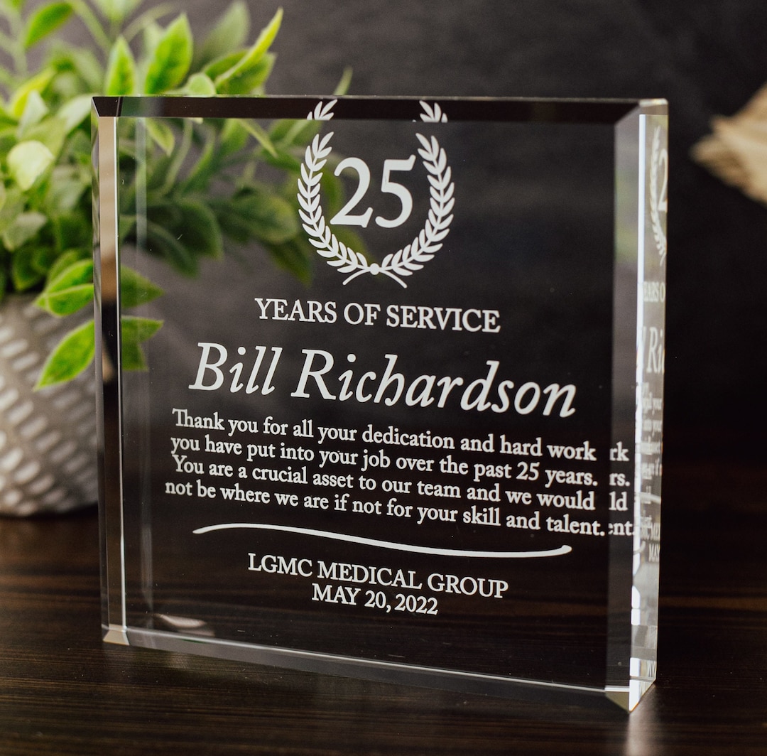 Years of Service Appreciation Award Crystal Glass Plaque, for Employee ...