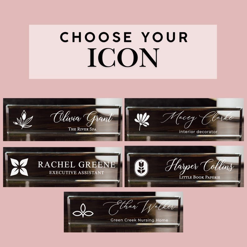 CHOOSE Your Nameplate From 11 Icon Designs, Crystal Personalized Desk ...