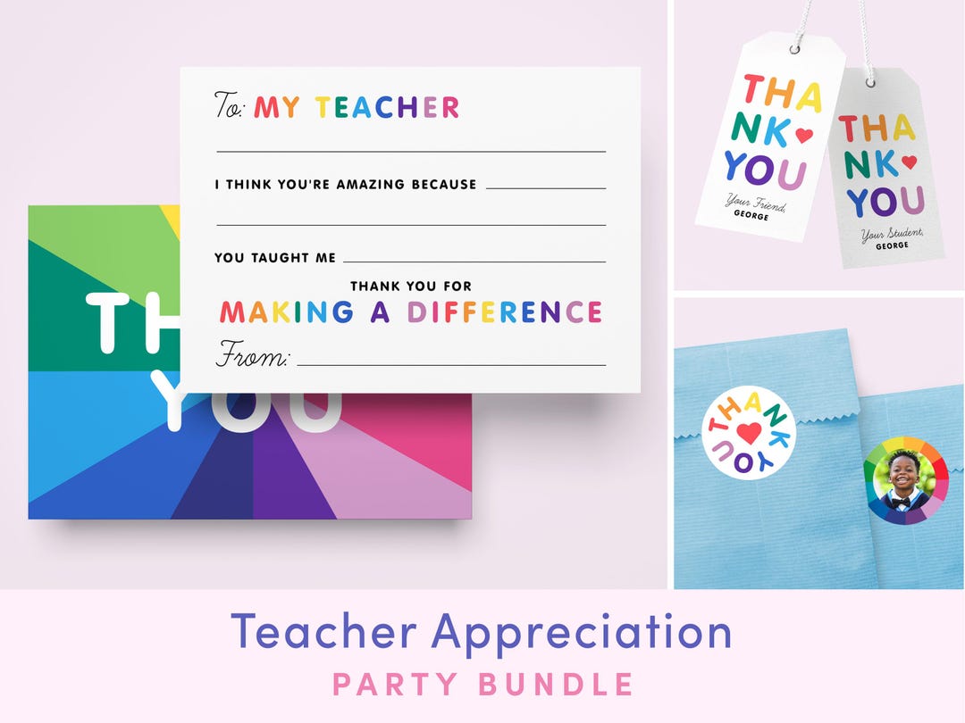 Teacher Appreciation Bundle, Rainbow, Fill in Thank You Card, Stickers ...