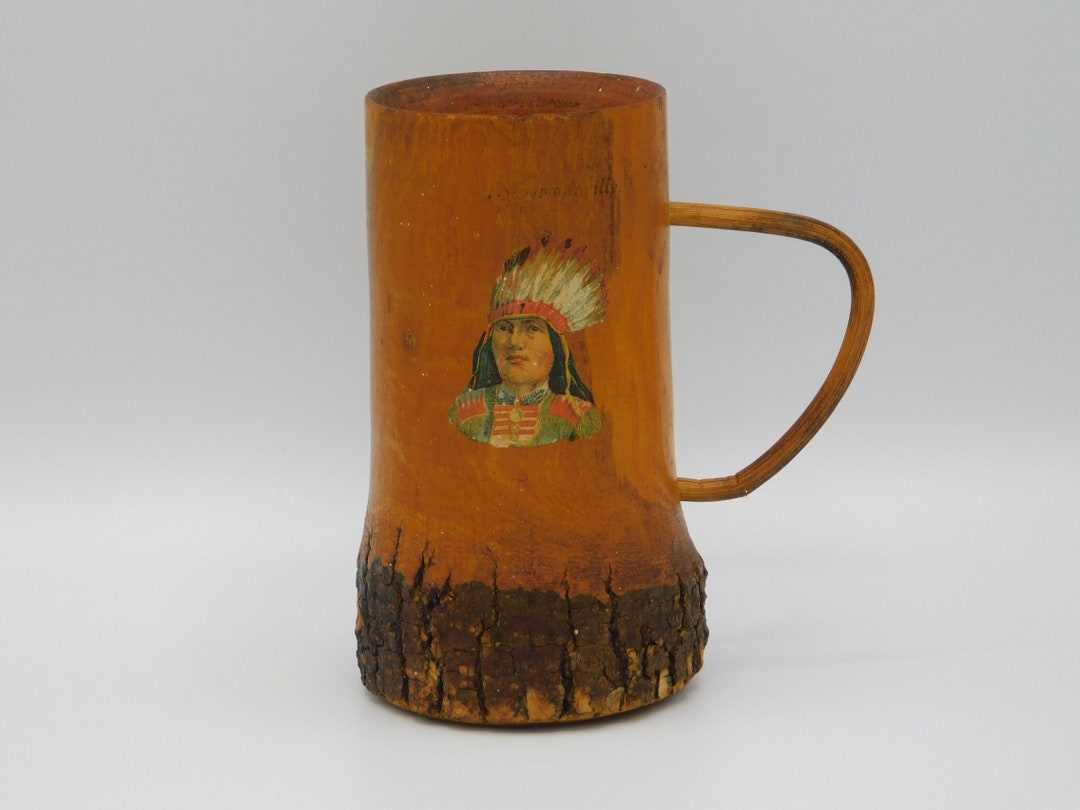C1910 Anitque Folk Art Wood Mug With Lithophane of Native Indian Chief ...