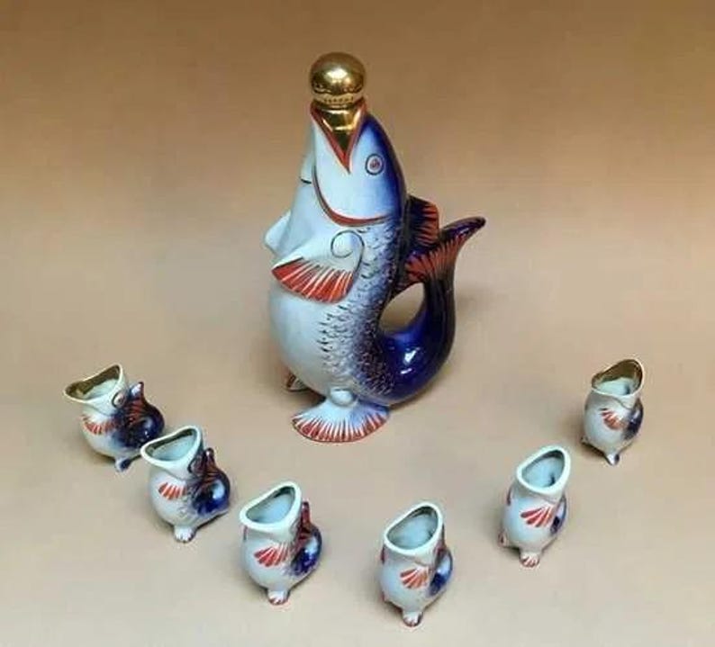 Porcelain Drinking Set Fish for 6 Persons "carp Family" Vintage 70s Koi ...