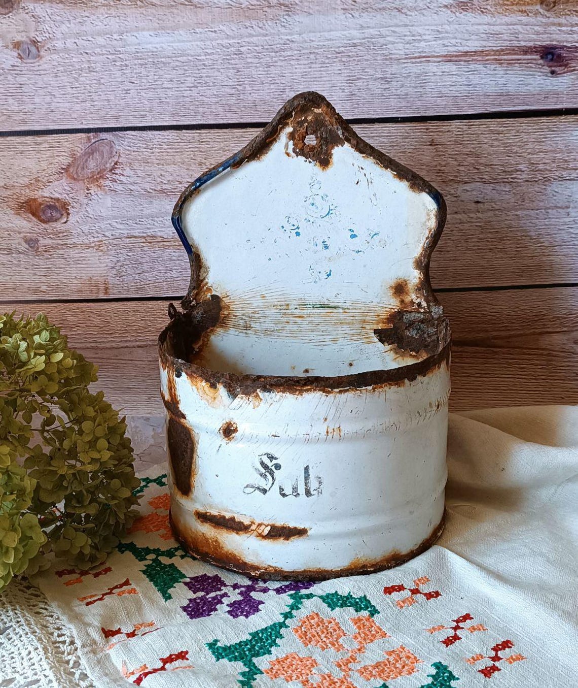 Antique Enamel Kitchen Container Wall Mounted Cereal Container Country ...