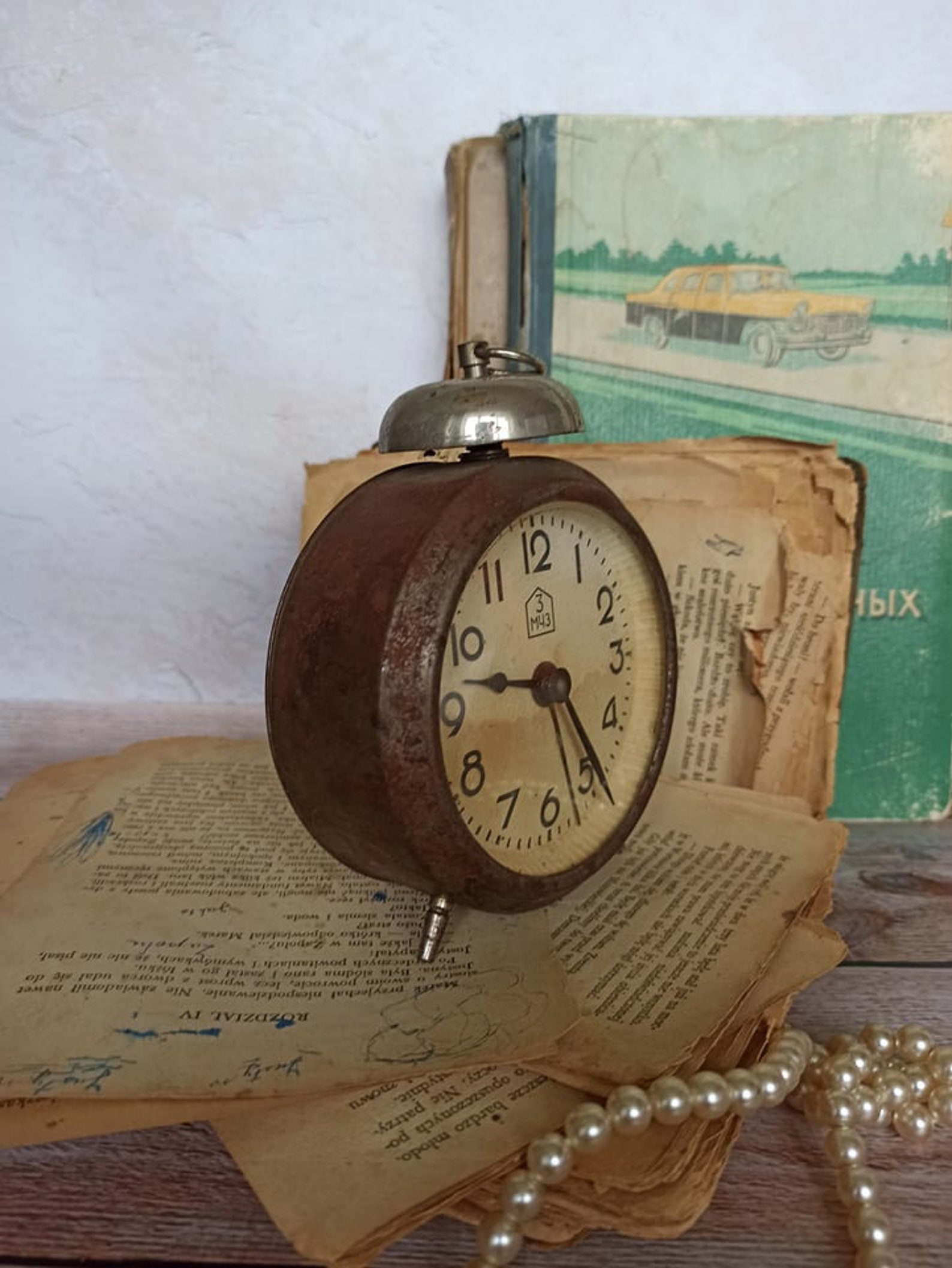 Antique clock 1945 Vintage decor Soviet alarm clock Turquoise | Etsy