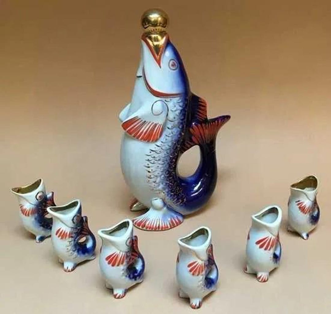 Porcelain Drinking Set Fish for 6 Persons "carp Family" Vintage 70s Koi ...