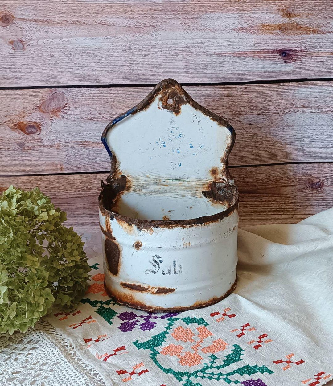 Antique Enamel Kitchen Container Wall Mounted Cereal Container Country ...
